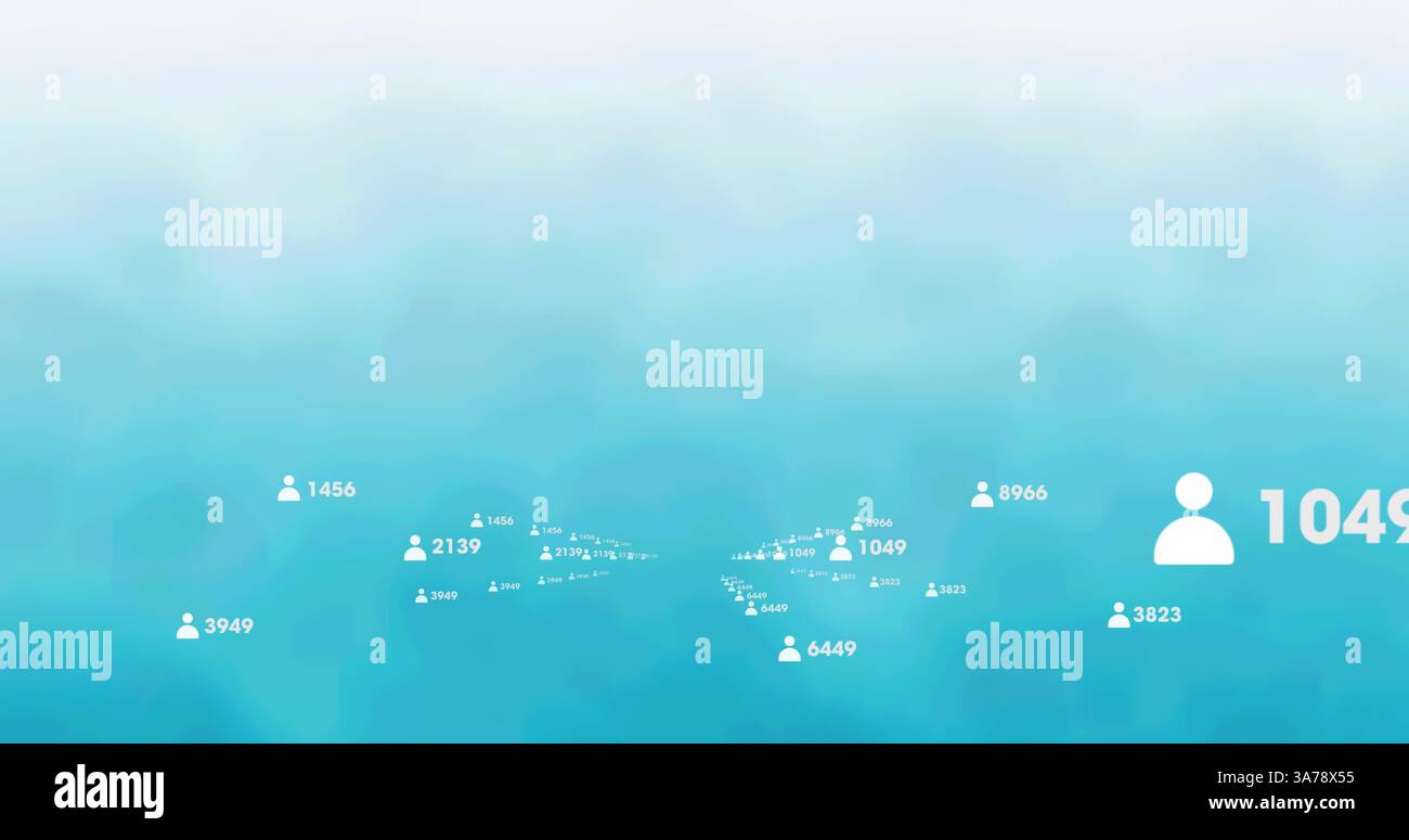 Digital image of multiple profile icons with increasing numbers against gradient blue background ...