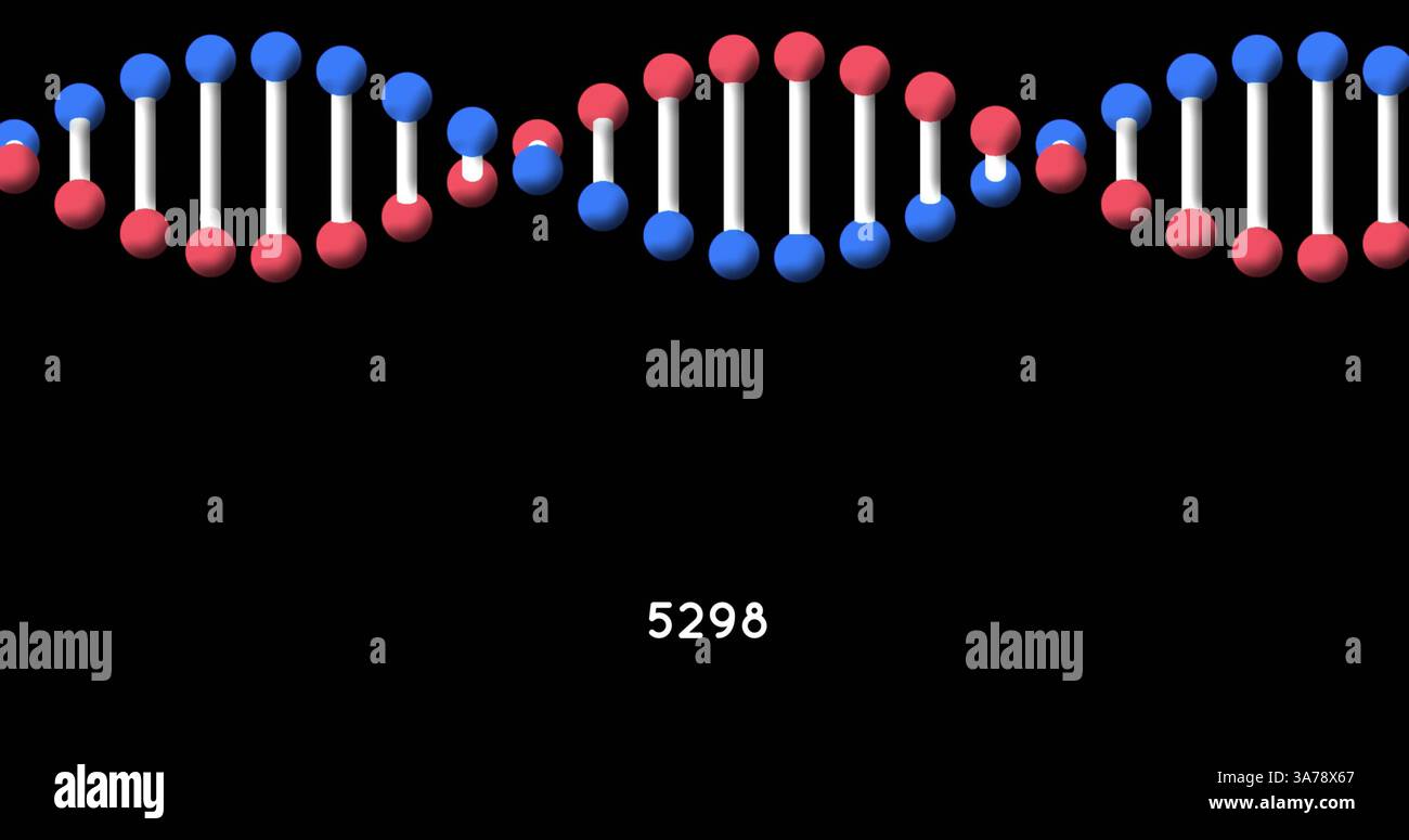 Digital image of increasing numbers over dna structure spinning against ...