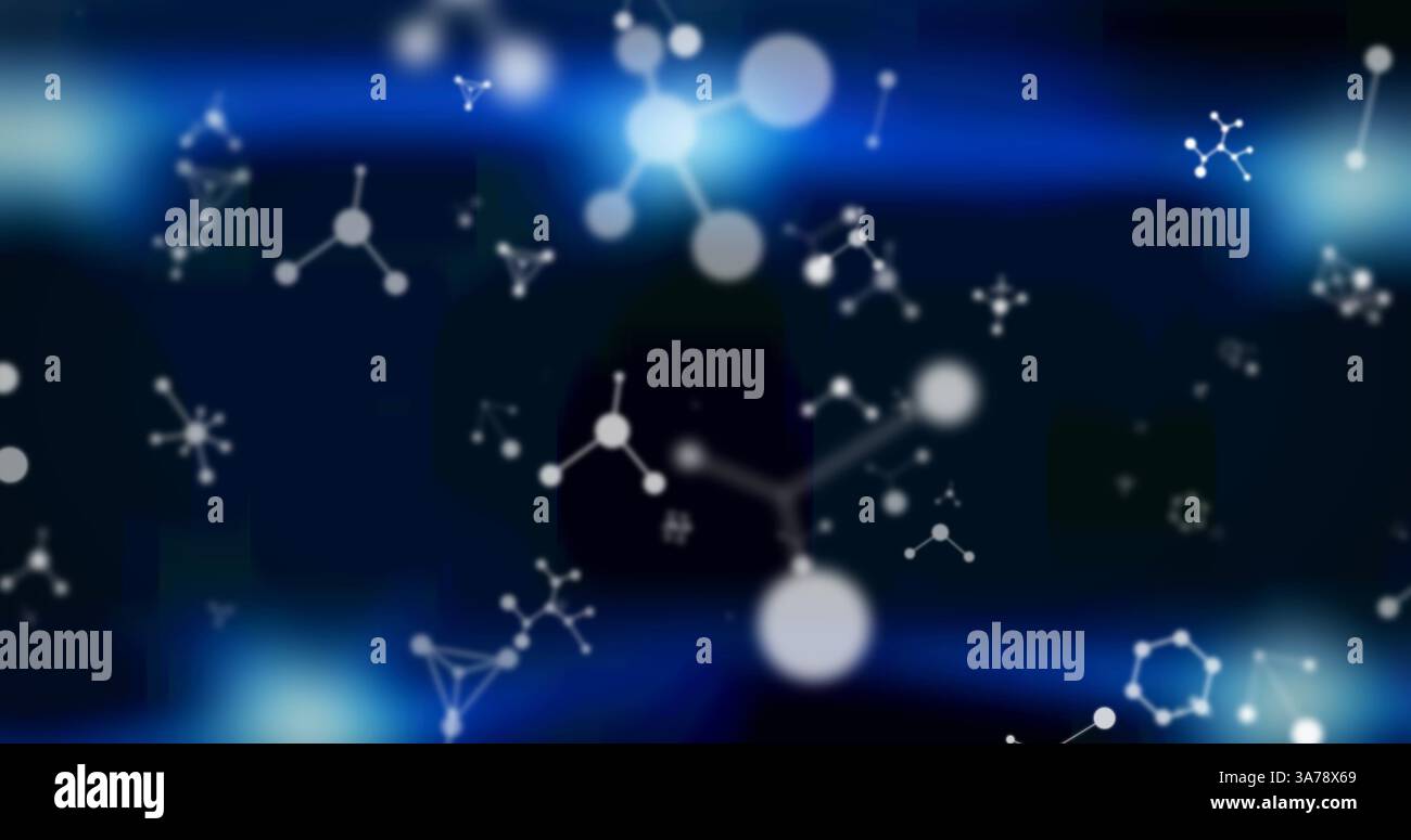 Digital Image Of Molecular Structures Floating Against Blue Spots Of Light On Black Background