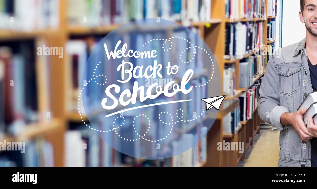 Image of welcome back to school text over student in library Stock ...