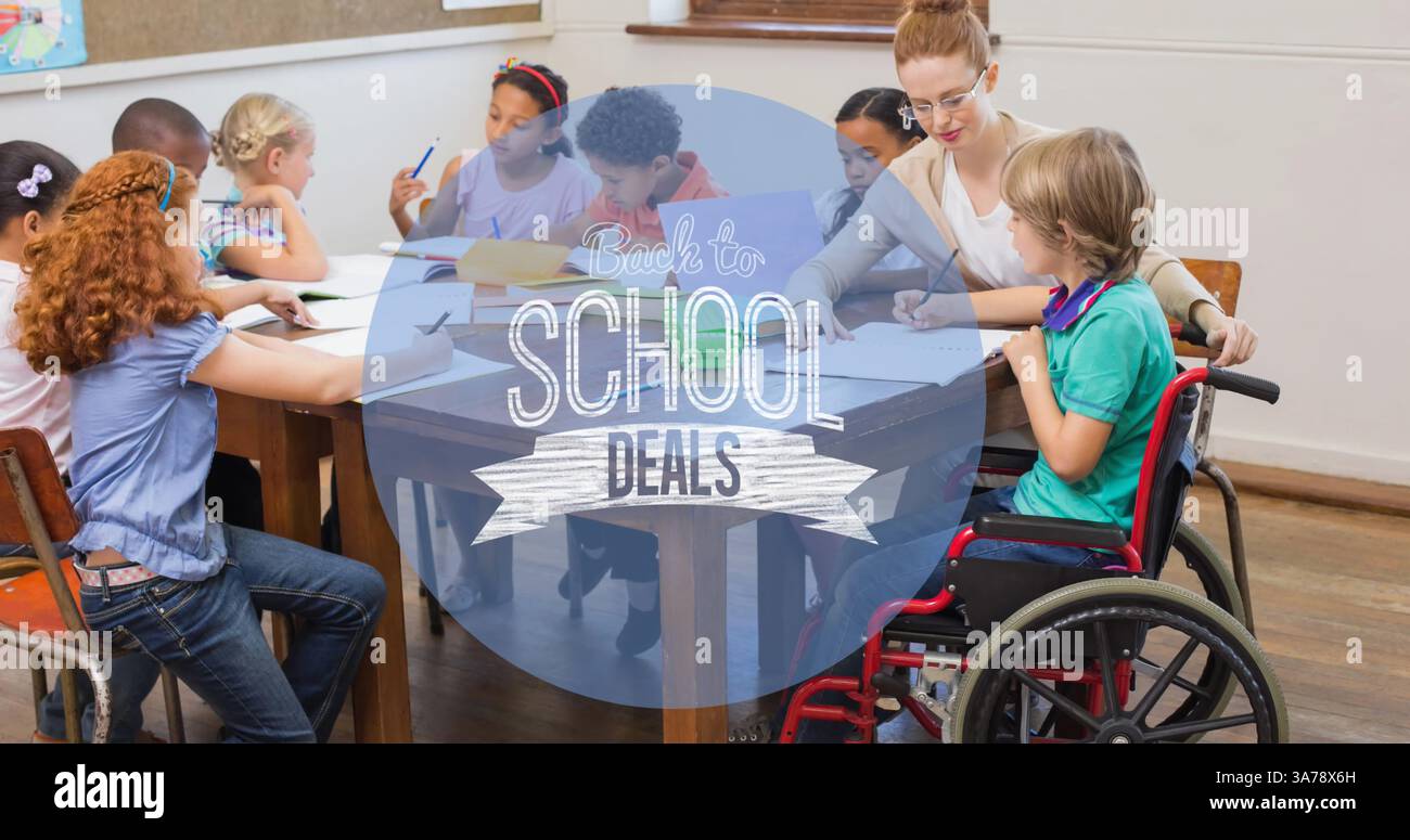 Image of back to school deals text over teacher and class Stock Photo ...