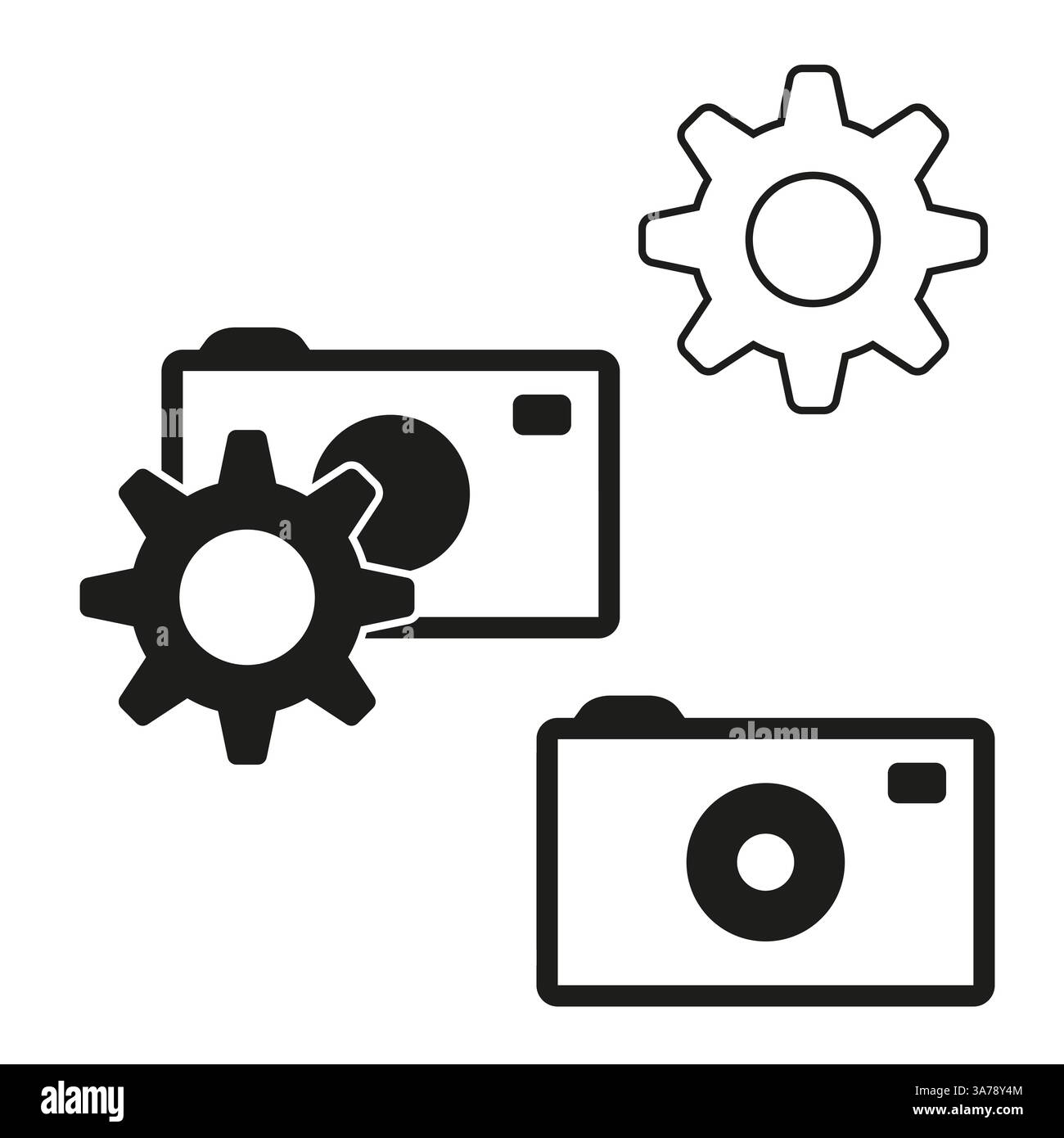 Camera with gear. Photo settings icon. Black and white graphic. Modern ...