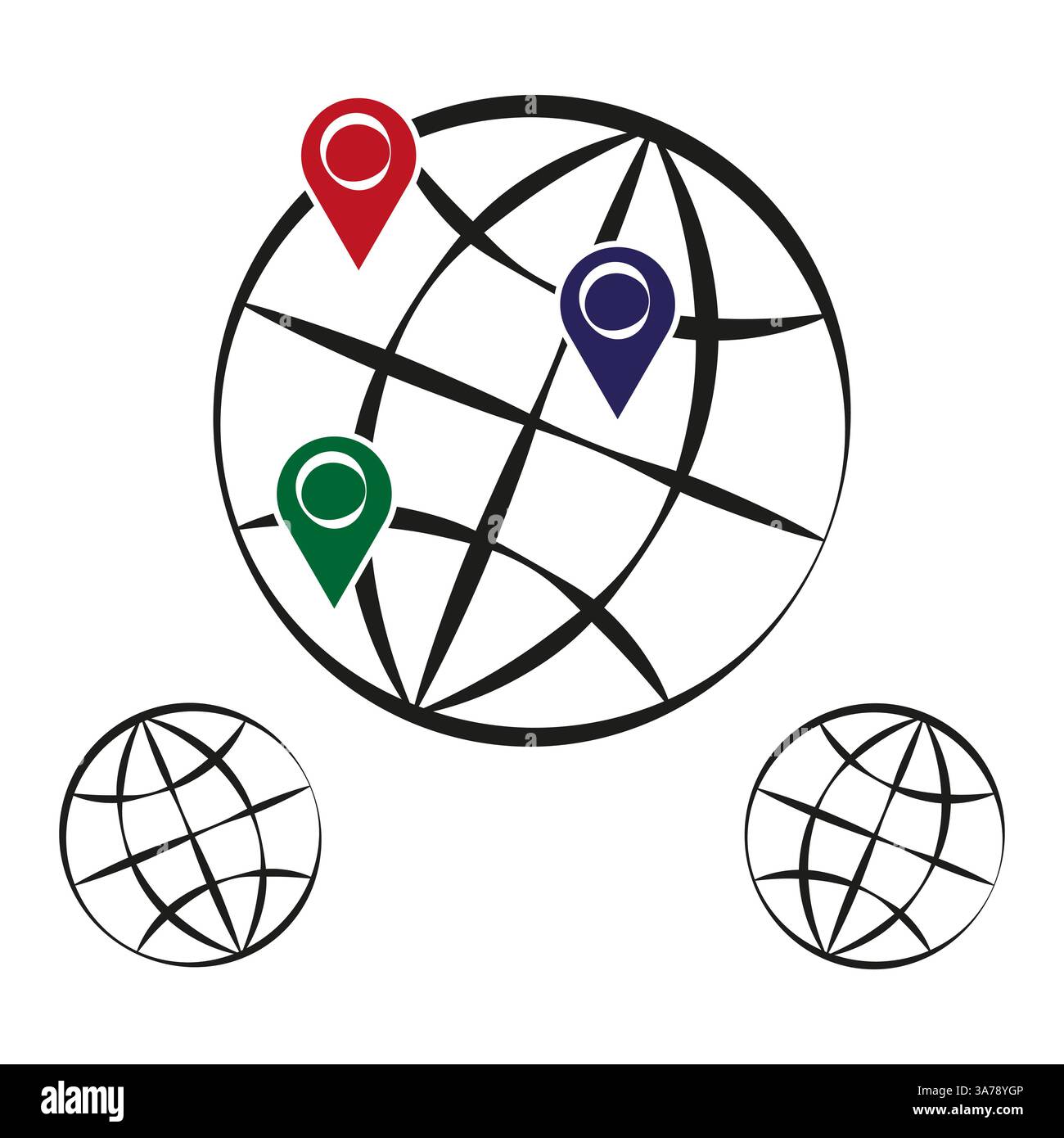 Global map symbol. Color location pins. Vector earth globe. Simple ...