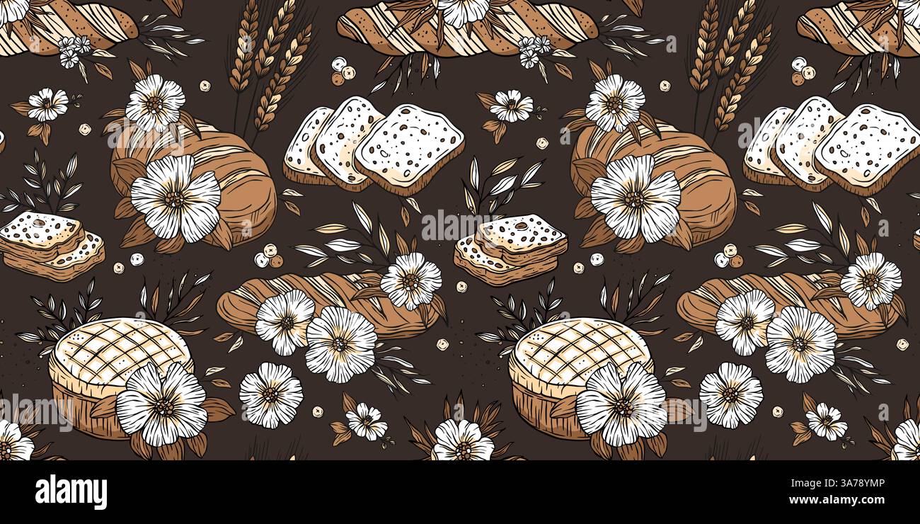 Bakery Bread Pattern Sketch Vintage Flower Loaf Background Doodle ...