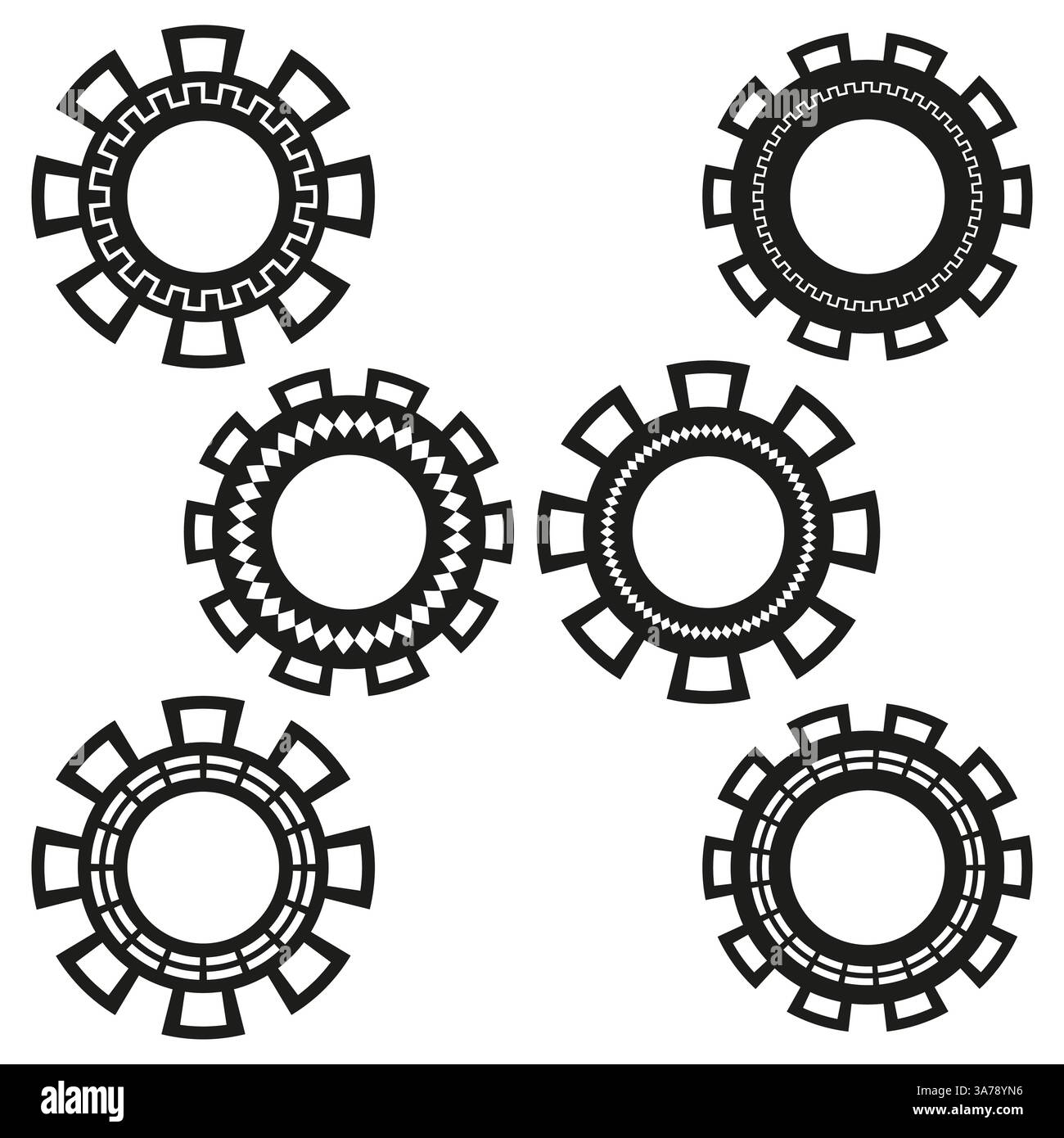 Assorted gear shapes. Intricate mechanical motifs. Bold industrial cogs. Vector black mechanism ...