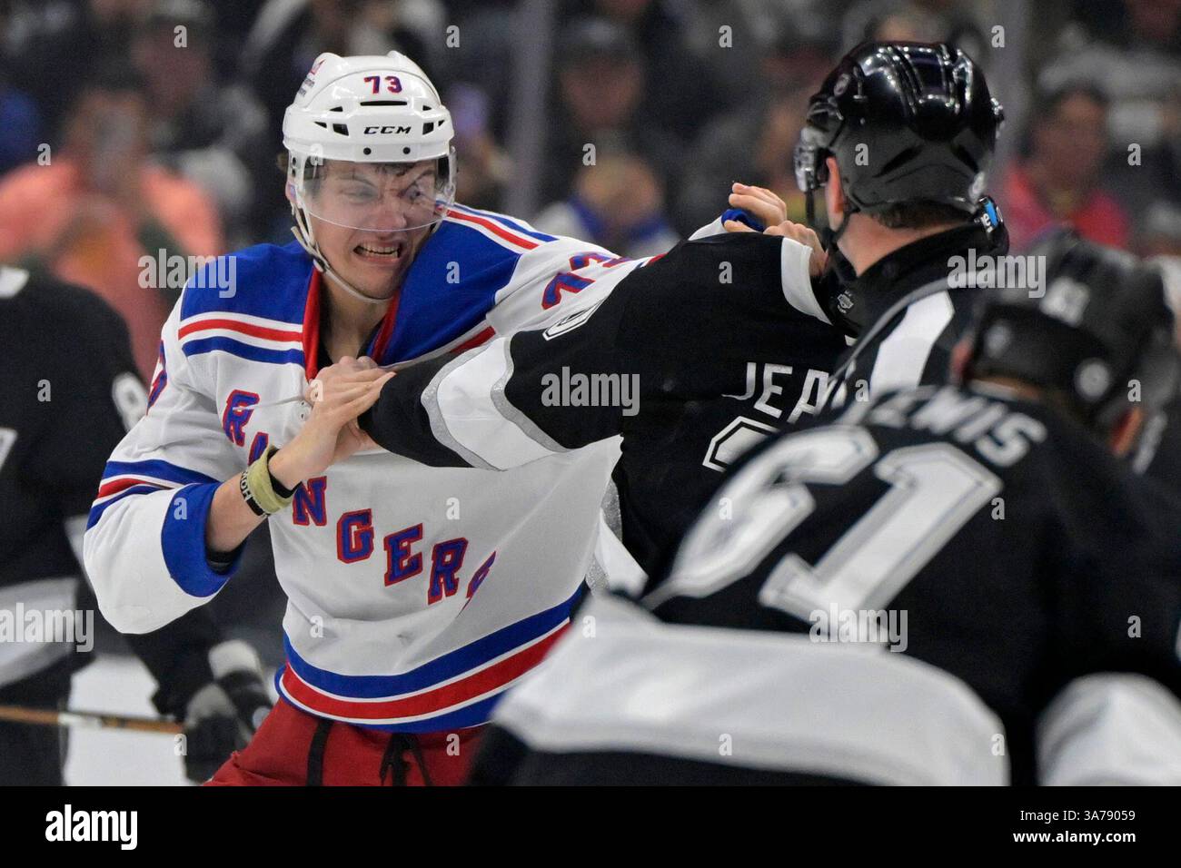 New York Rangers center Matt Rempe, left, and Los Angeles Kings left ...