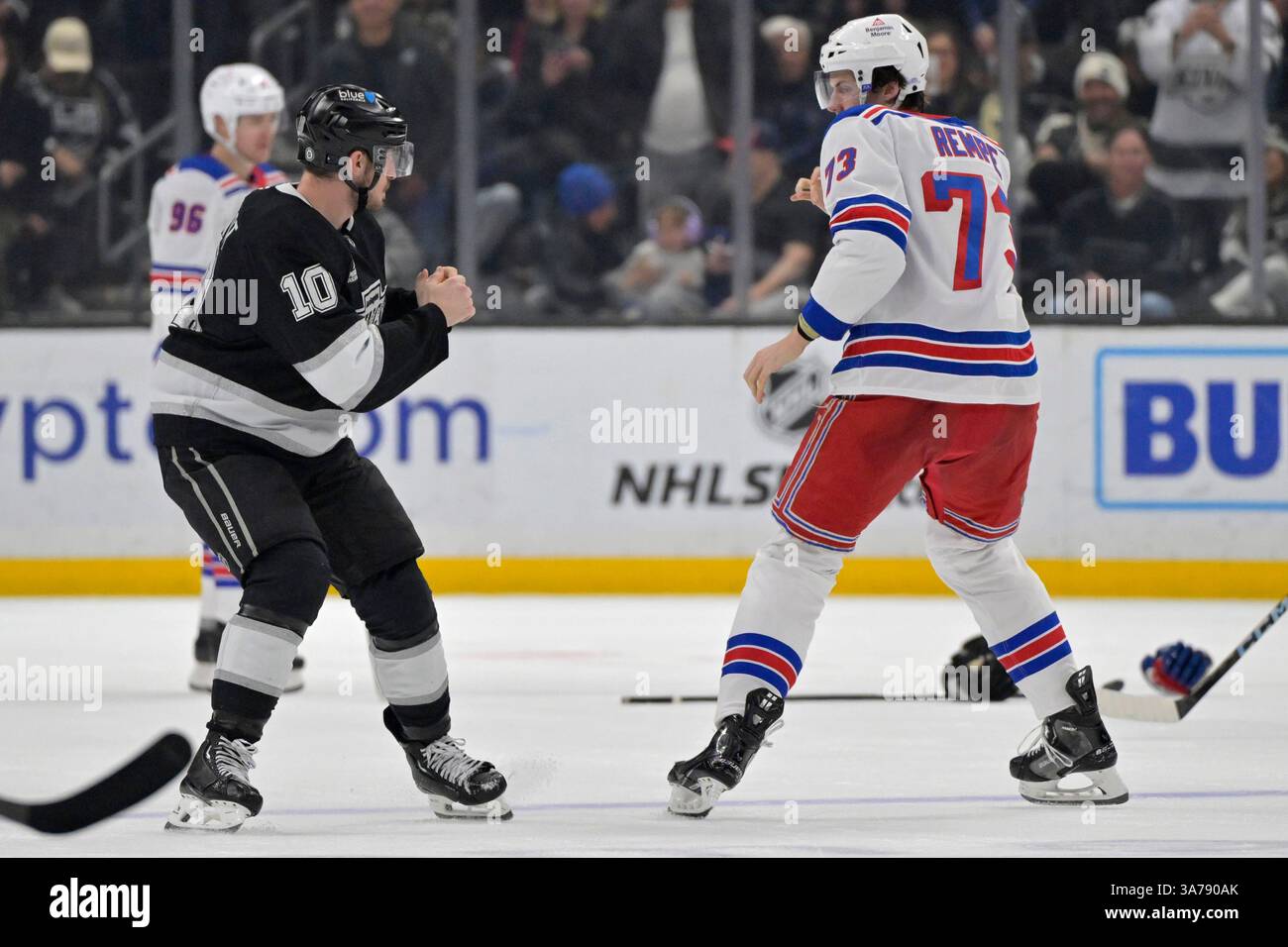 Los Angeles Kings left wing Tanner Jeannot (10) and New York Rangers ...