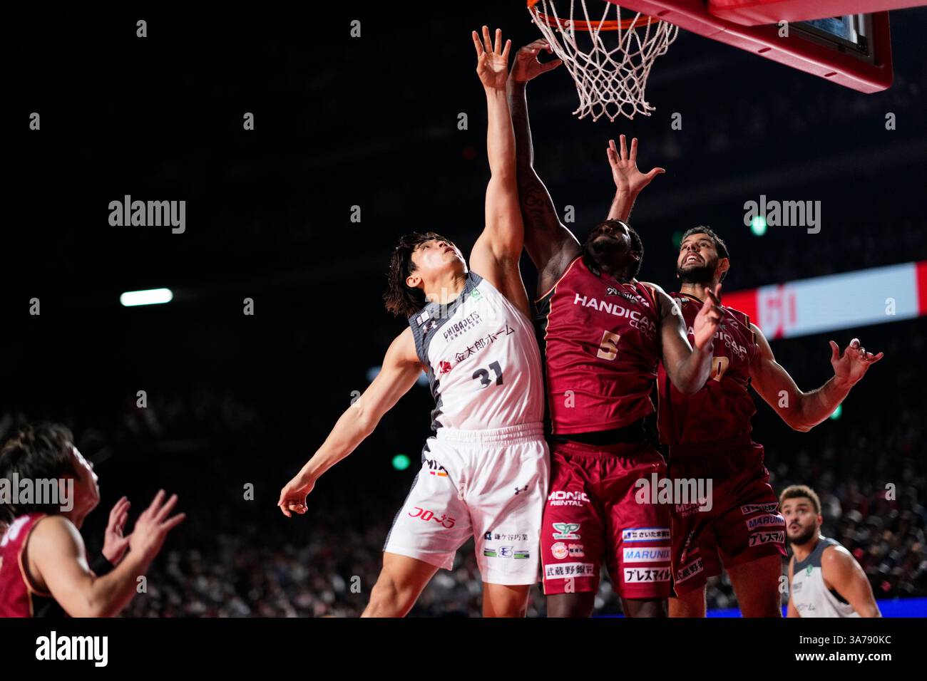 Chiba, Japan. 26th Mar, 2025. (L-R) Shuta Hara (Jets), LJL.J. Peak, Tim ...