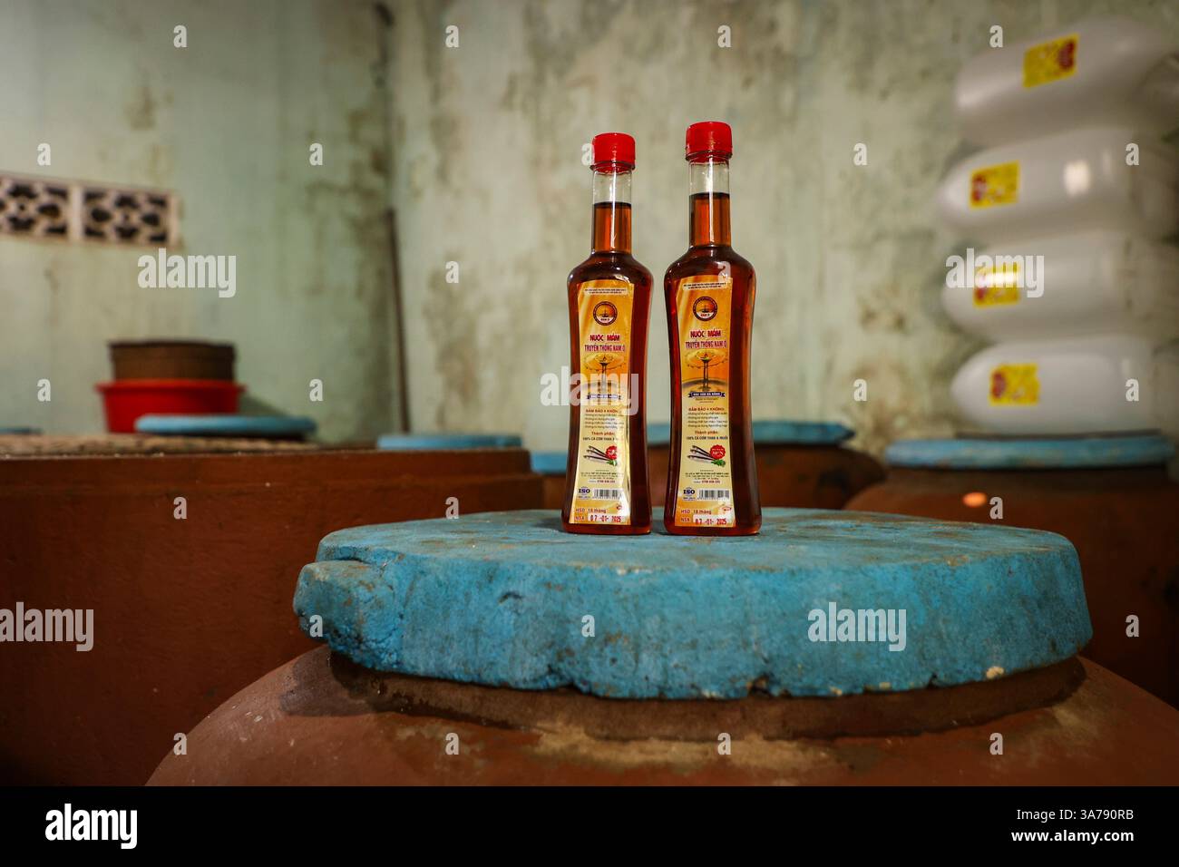 Fish sauce bottles stand on fermentation pots in Phan Cong Quang's home ...
