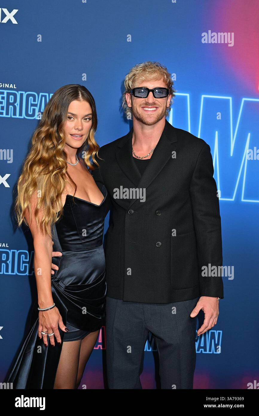 Nina Agdal and fiance Logan Paul attend the Premiere of "Paul American ...