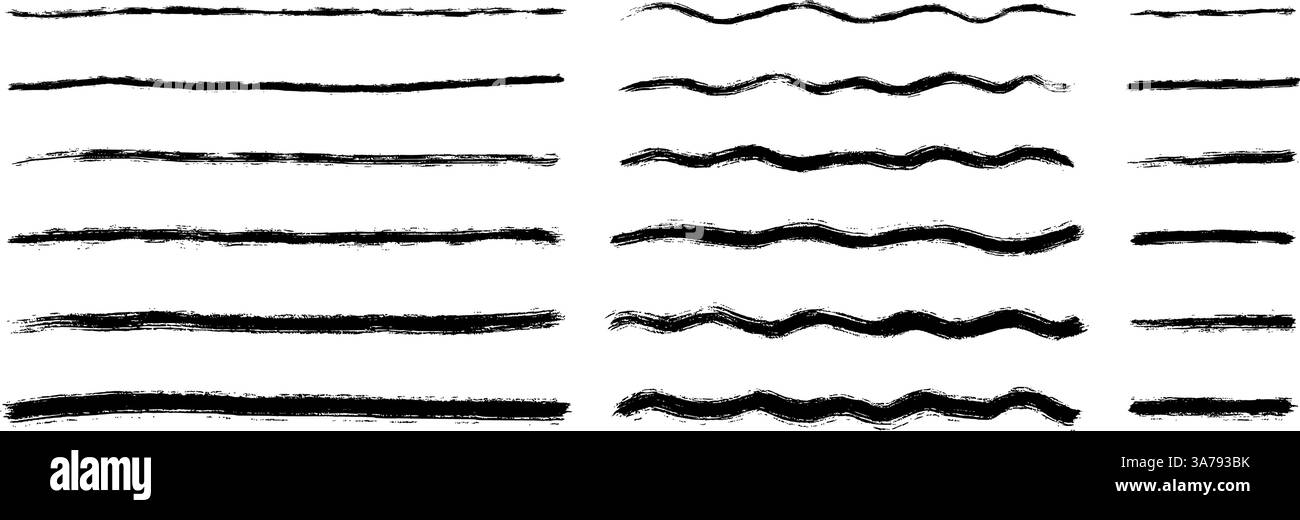 Straight and wavy paint line set. Thin to thick sketch brush stroke ...