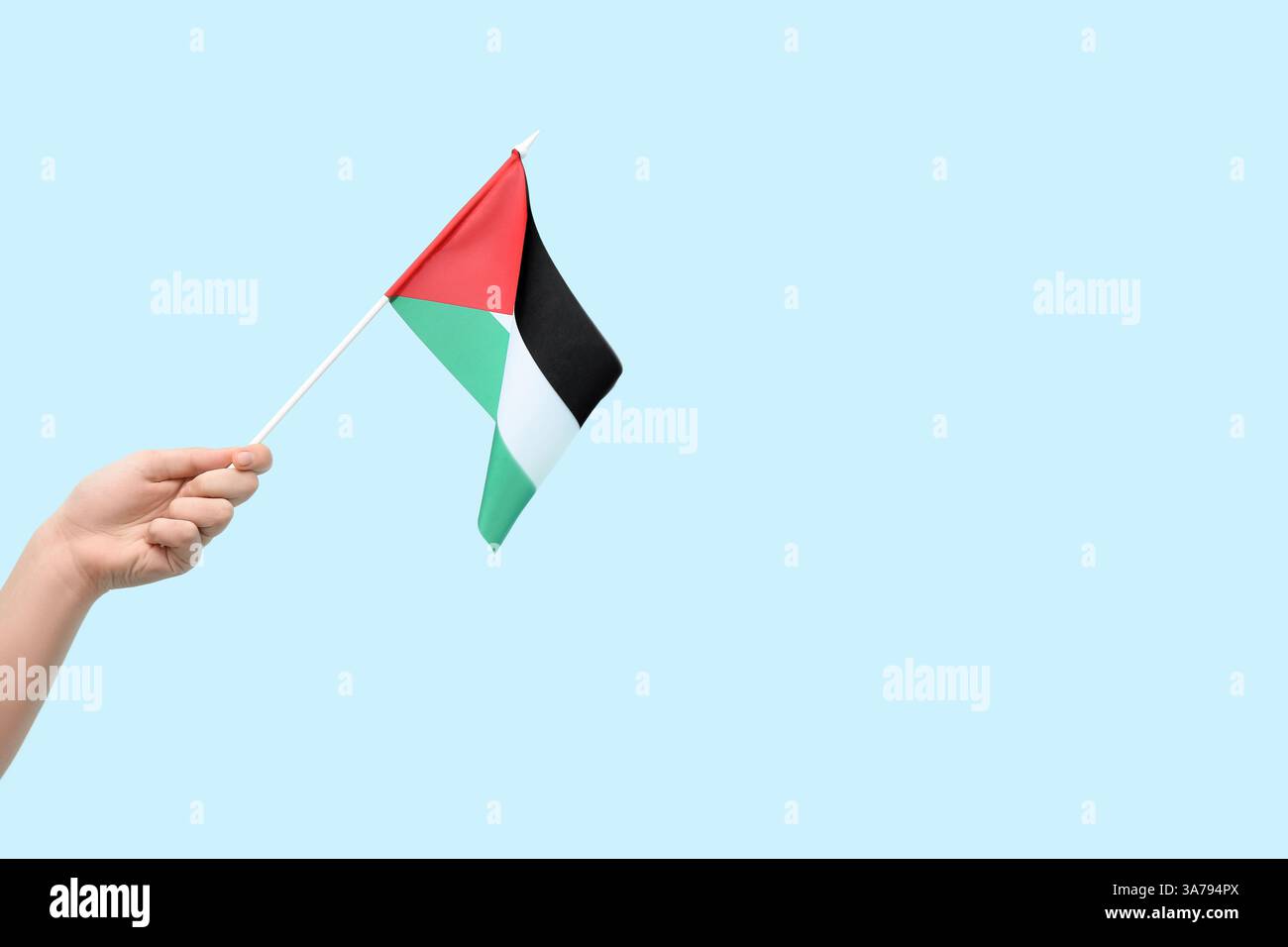 Female hand with flag of Palestine on blue background Stock Photo - Alamy
