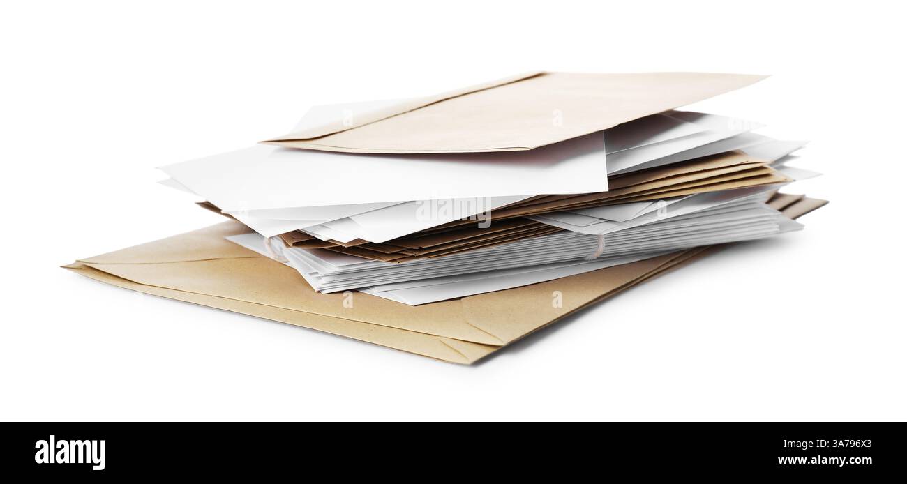 Stack of different paper envelopes on white background. Post office ...