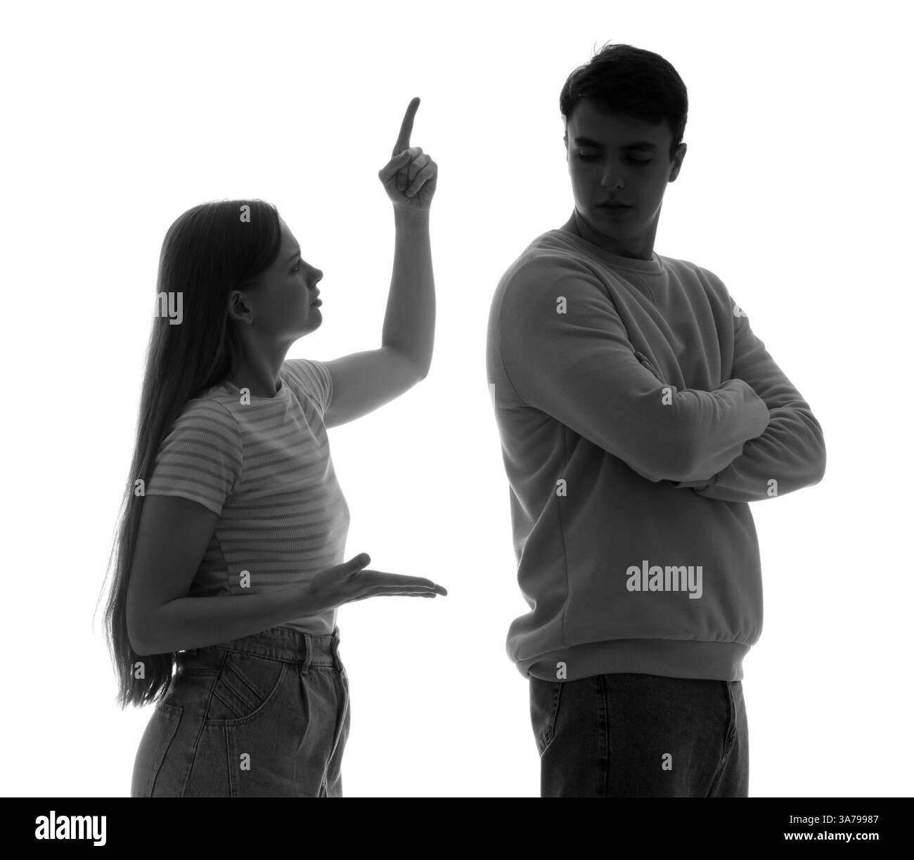 Silhouette of woman blaming her husband on white background. Domestic ...