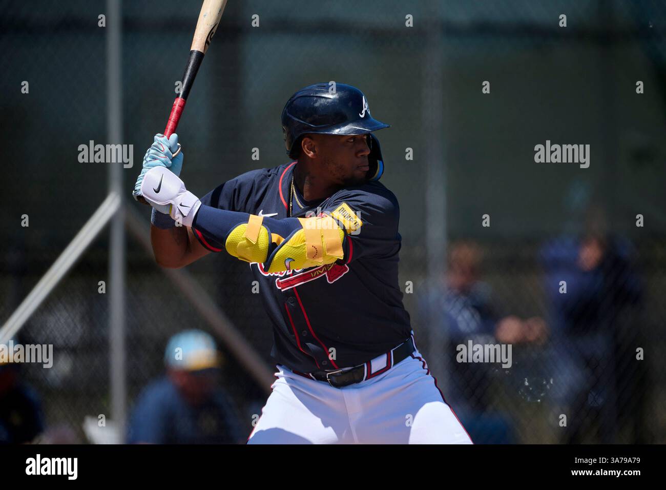 Atlanta Braves Ronald Acuña Jr. (13) at bat during an MiLB Spring Training game against the ...