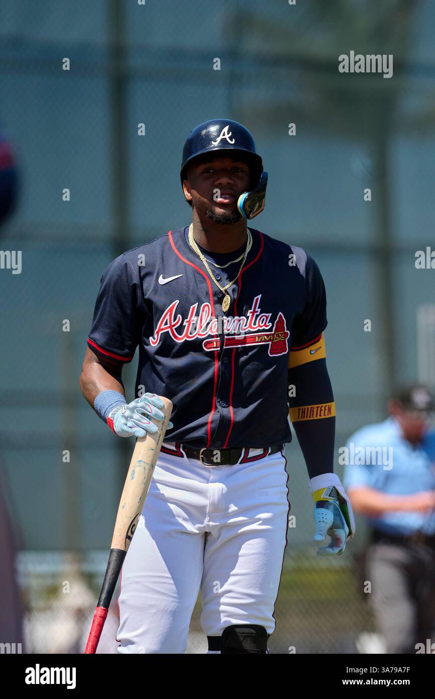 Atlanta Braves Ronald Acuña Jr. (13) after an at bat during an MiLB Spring Training game against ...