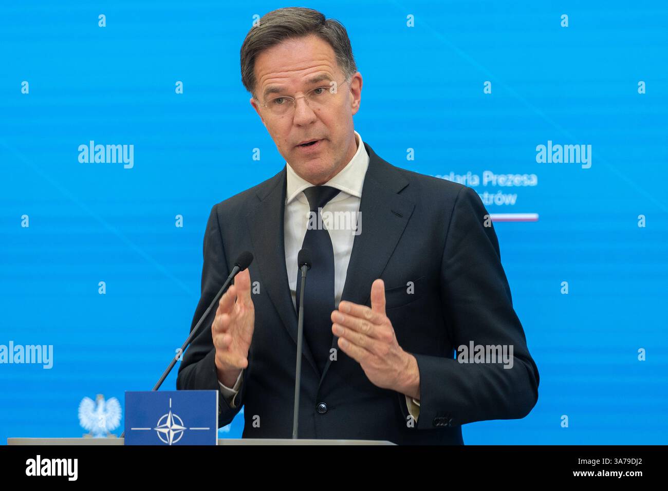 NATO's Secretary-General Mark Rutte gestures as he addresses the media ...