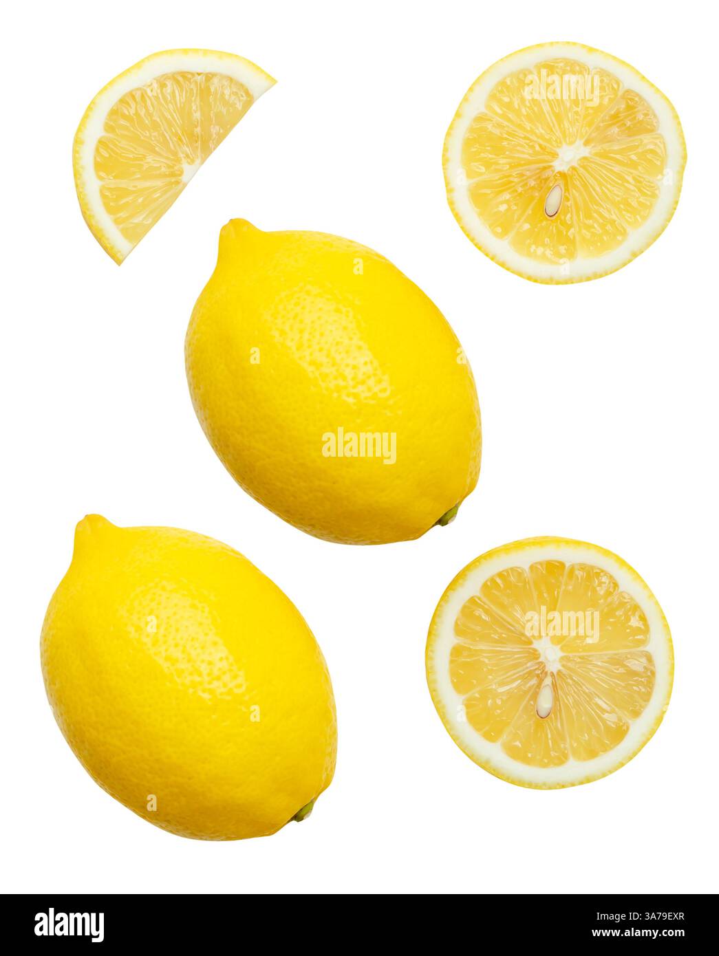 Top view set of fresh ripe yellow lemon fruits with halves and slices ...