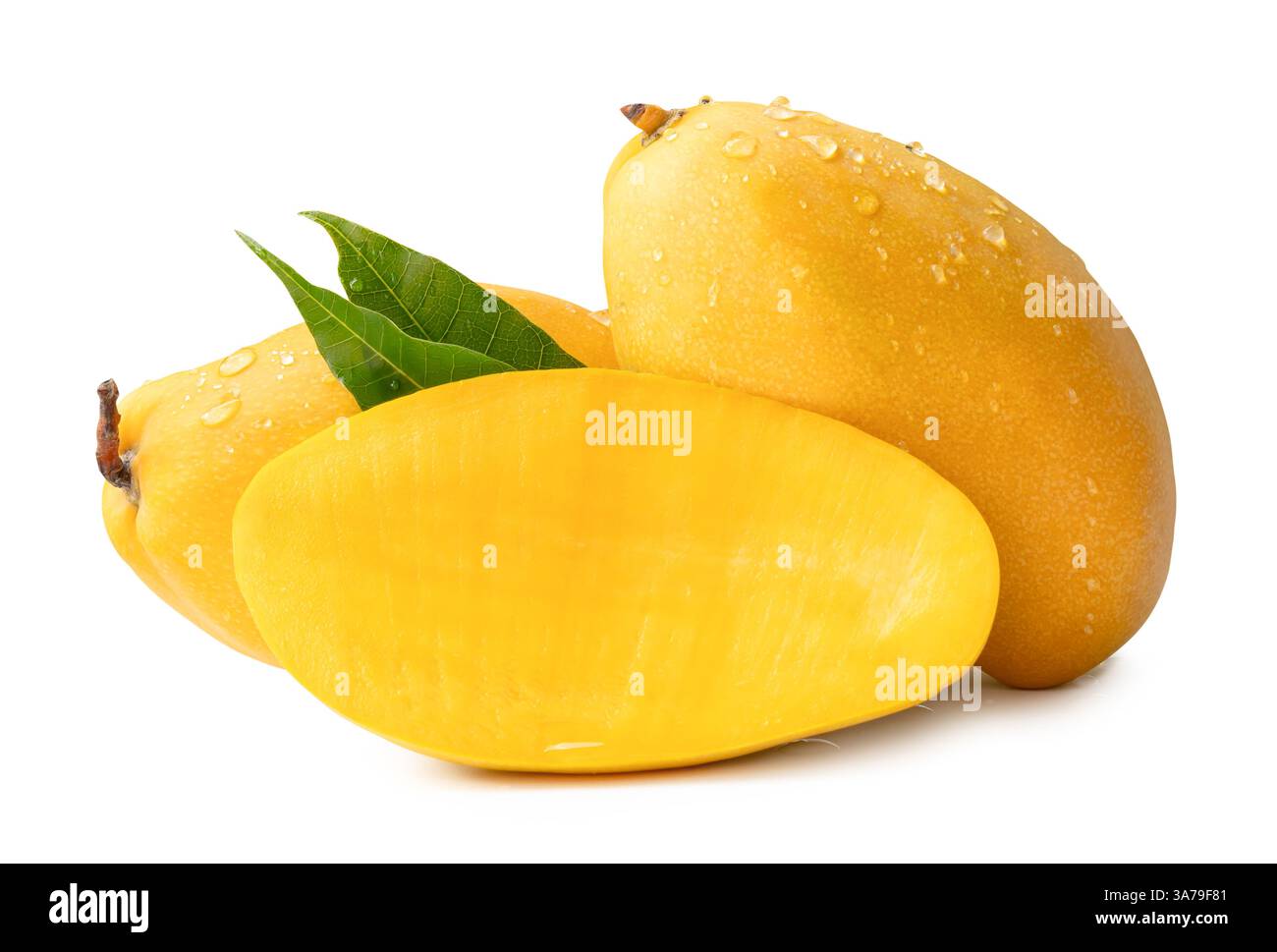 Two ripe yellow mango fruits and half with green leaves and water ...