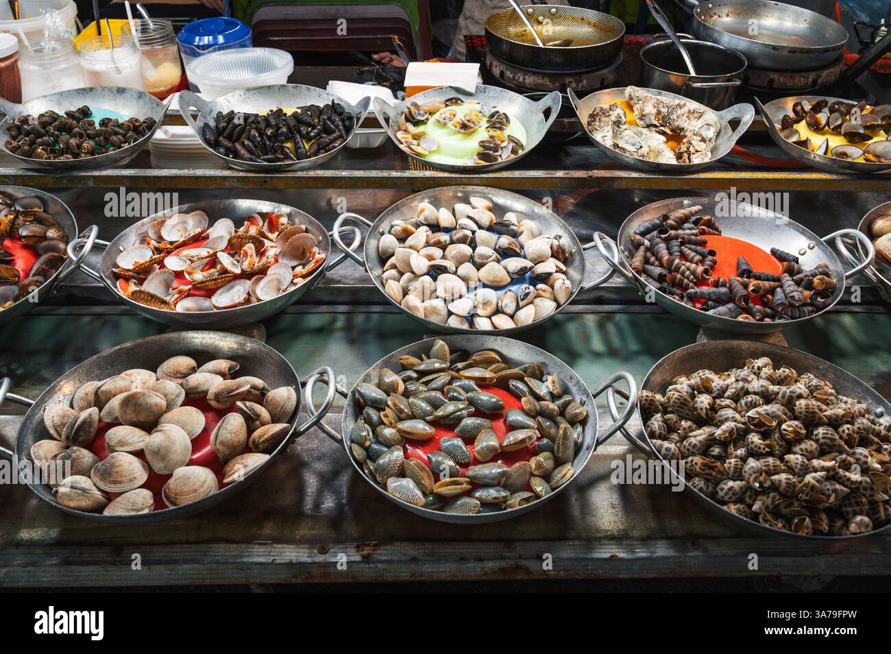 Snails and clams at the Asian Street food night market in Vietnam ...