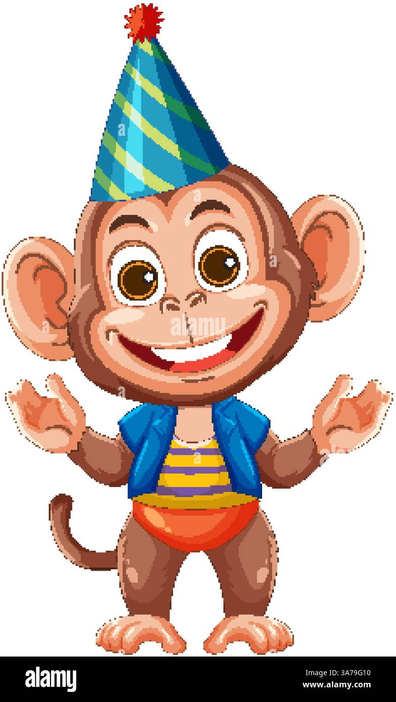 A playful monkey wearing a party hat and colorful outfit, designed in a ...
