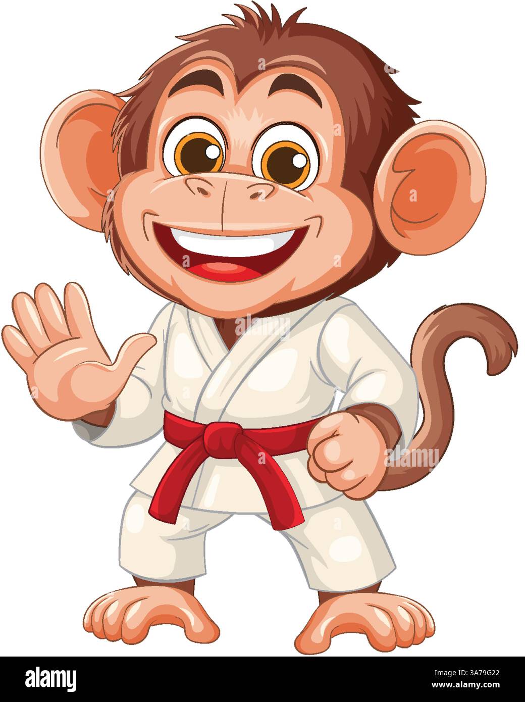 A playful monkey wearing a karate gi with a red belt, vibrant colors ...