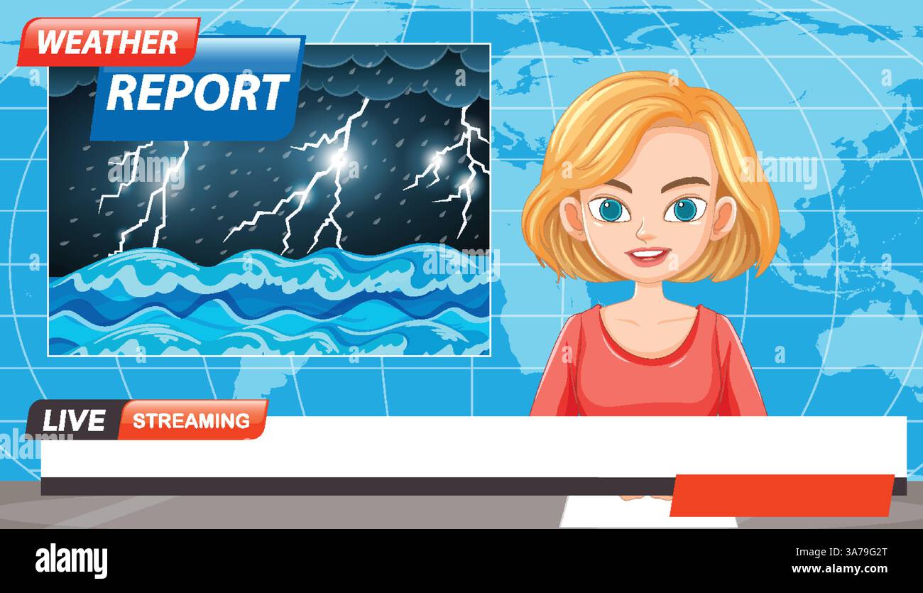 Vector illustration of a weather report with a smiling presenter and ...