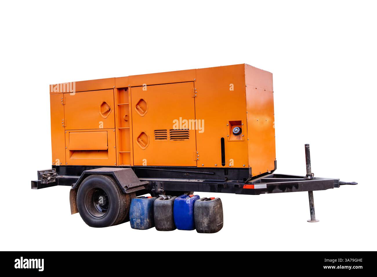 The mobile industrial diesel power generator with fuel tank on white ...