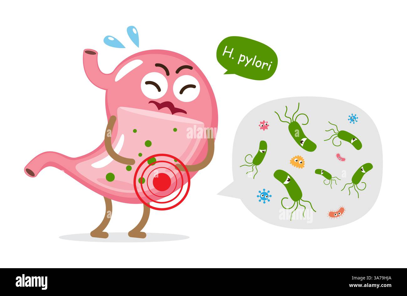 Helicobacter pylori bacteria infected in stomach . Cute medical cartoon character . Isolated ...