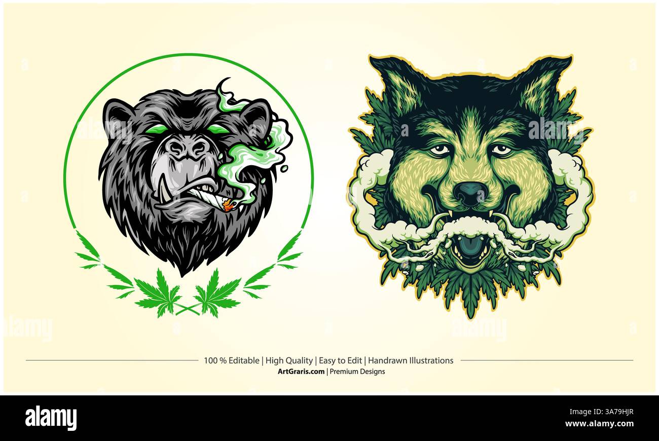 Bear and Wolf Animal Heads Illustration with Green Smoke vector for ...