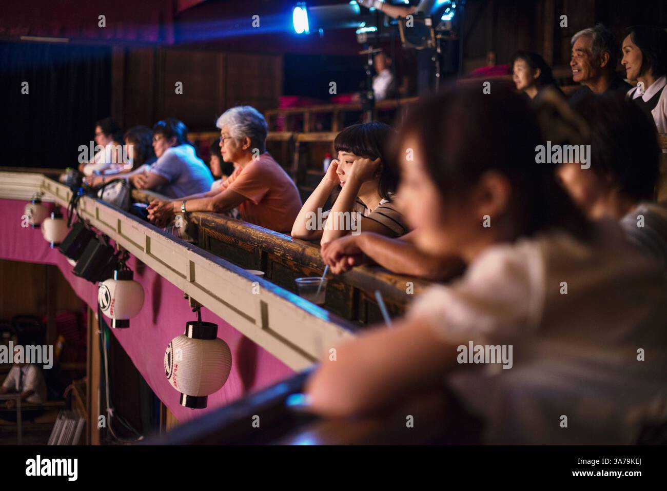 Visitors enjoy a Taisho-engeki performance at Korakukan theater, Japan ...