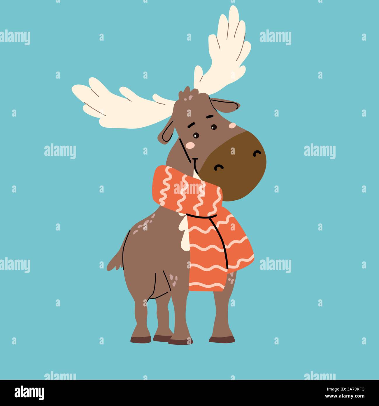 Adorable moose wearing a scarf in a forest-themed cartoon illustration ...