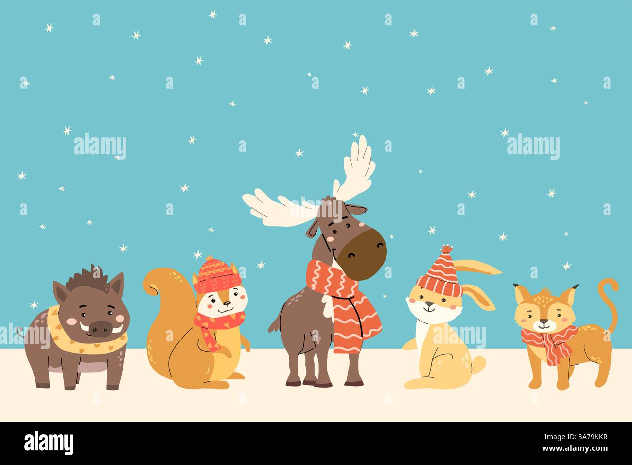 Cute cartoon forest animals in winter attire with snow falling Stock ...
