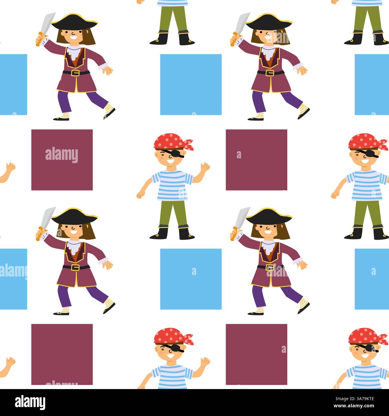 Cartoon pirates pattern with boy and girl characters in costumes and ...