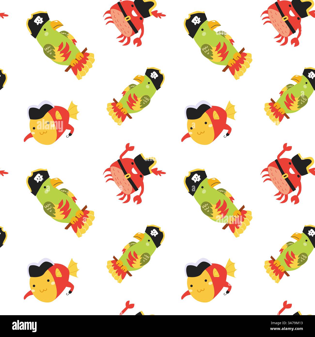 Cute pirate-themed fish and crab pattern on white background Stock ...