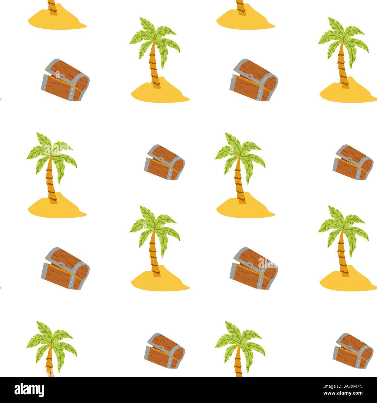 Seamless pattern with palm trees and treasure chests on white ...