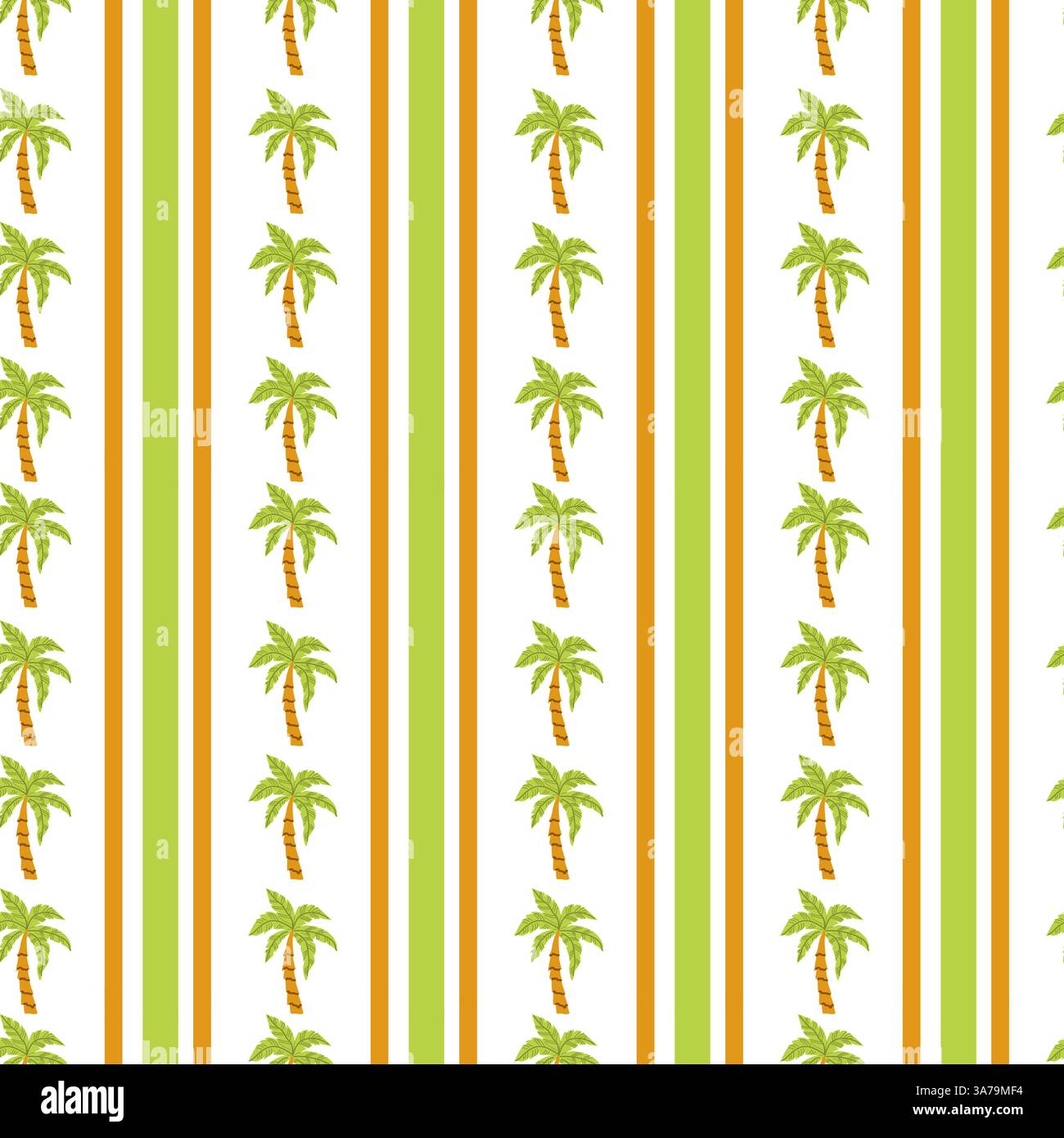 Seamless palm tree pattern with green and orange stripes on white ...
