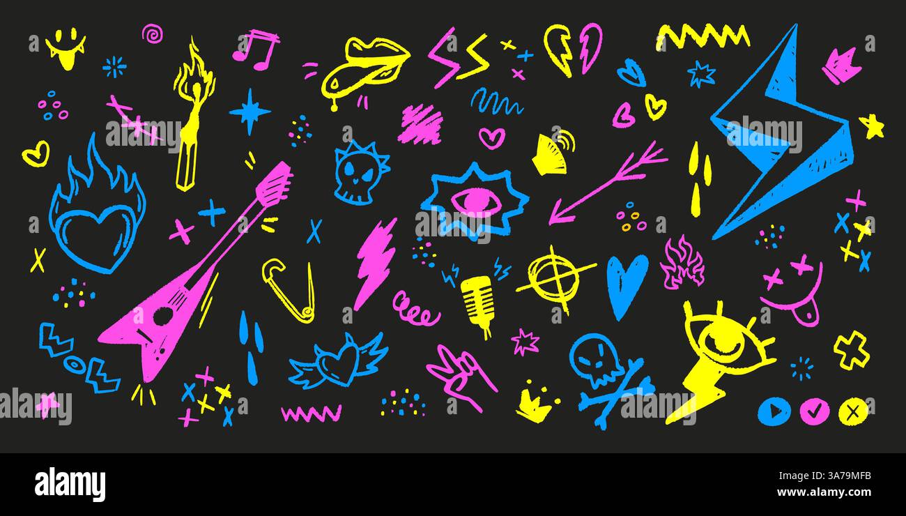 Color punk rock icons set isolated on black background. Vector ...