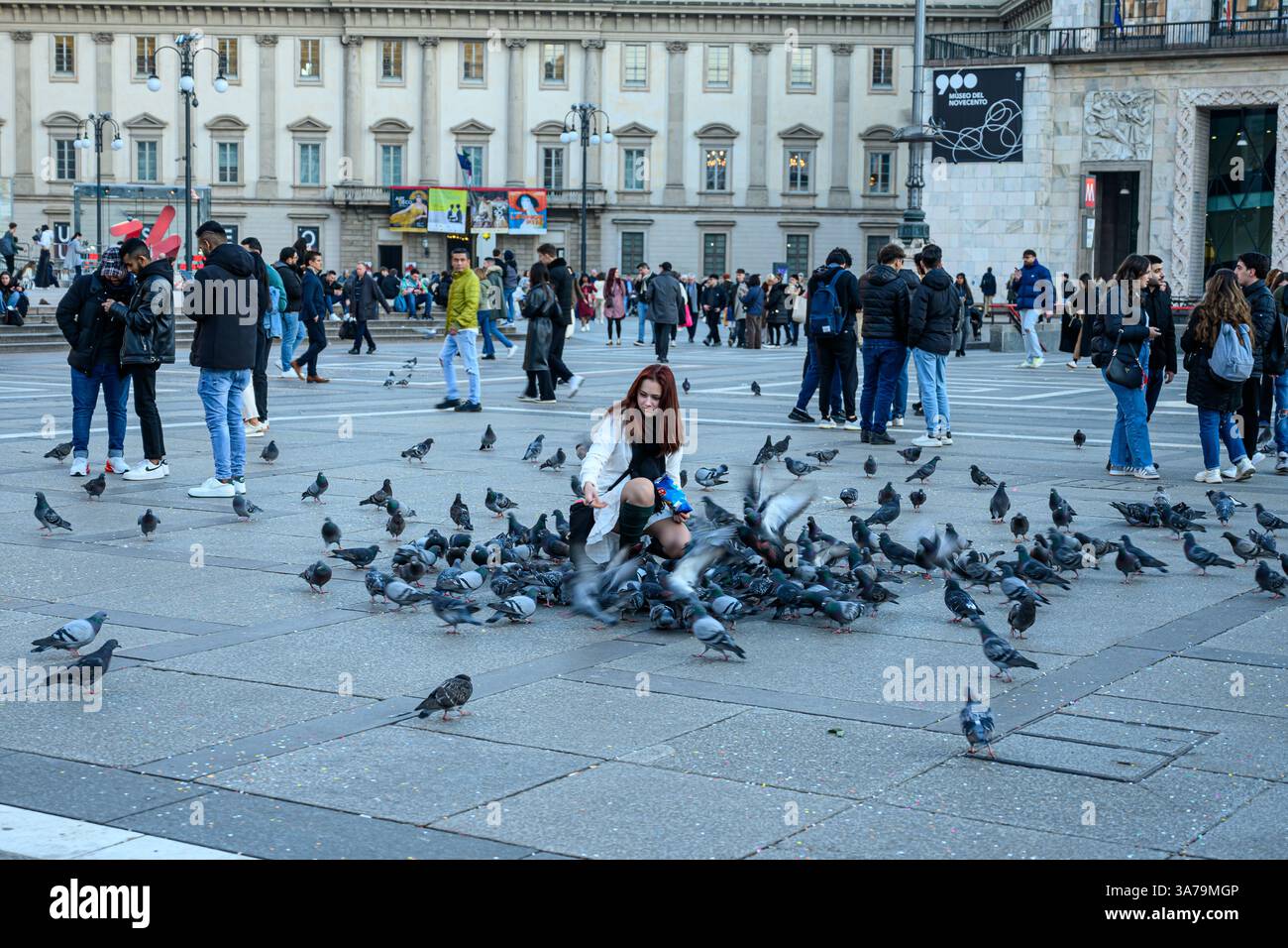 Woman feeding pigeons in the Piazza del Duomo outside the Duomo di ...