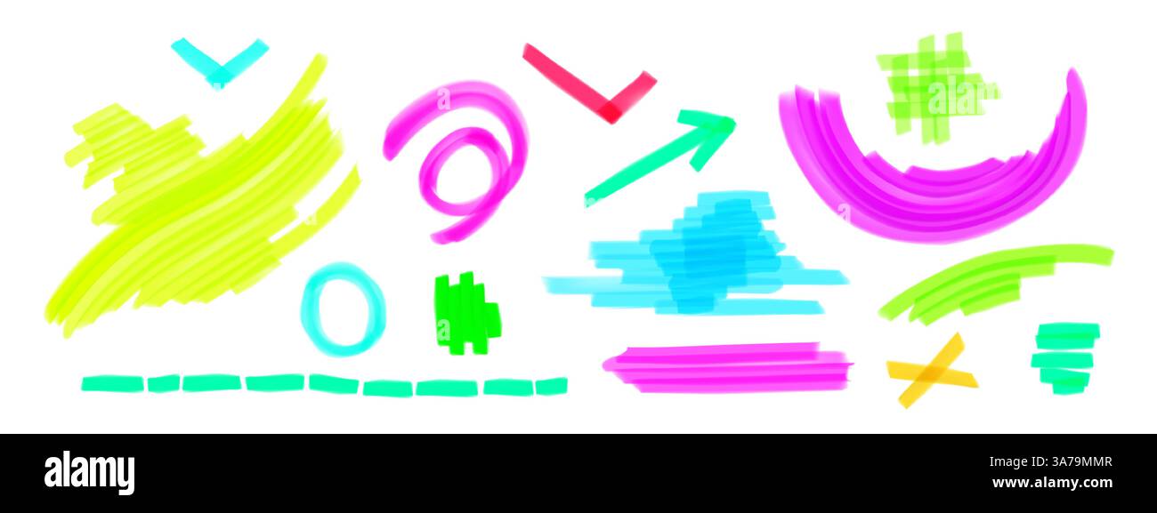 Neon color highlight marker strokes, brush lines set of bright drawing ...