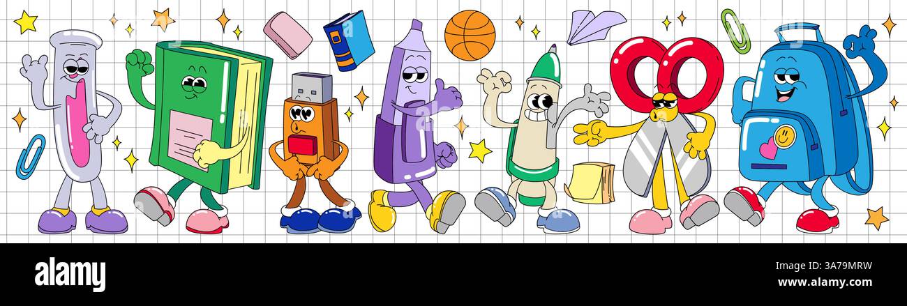 Groovy school supplies cartoon character set - smiling book, backpack ...