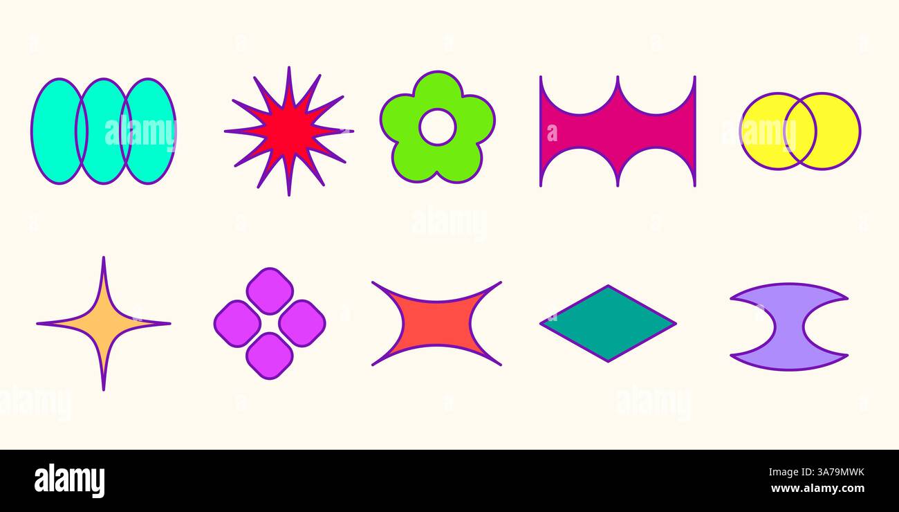 Retro colorful shape set in y2k style - overlapping ovals, flower and ...