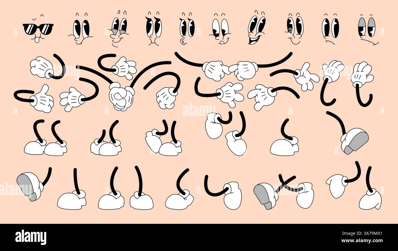 Black and white cartoon gloved hands, shoes and faces with funny eyes ...