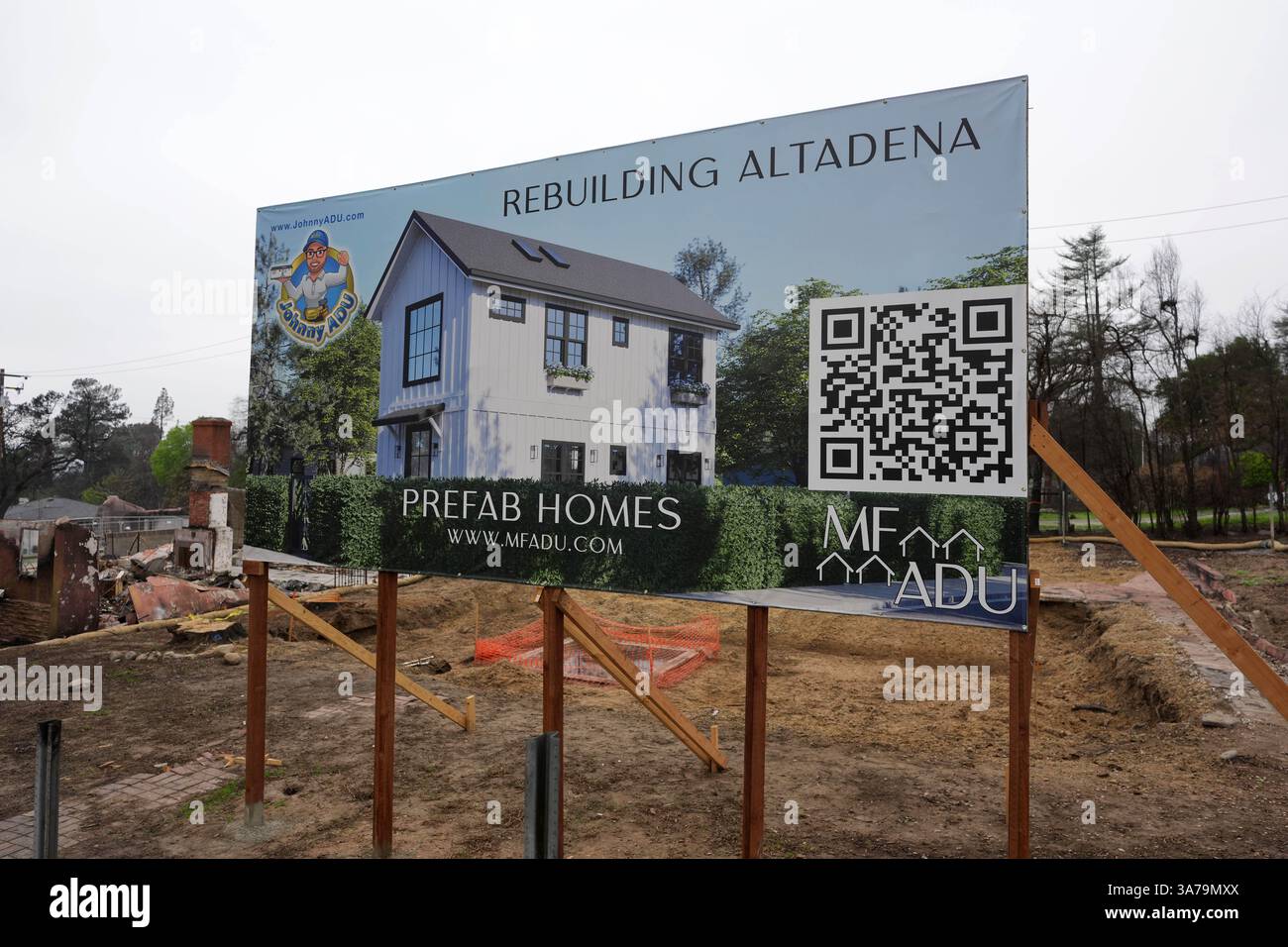 A Rebuilding Altadena sign by Prefab Homes at a property burned during ...