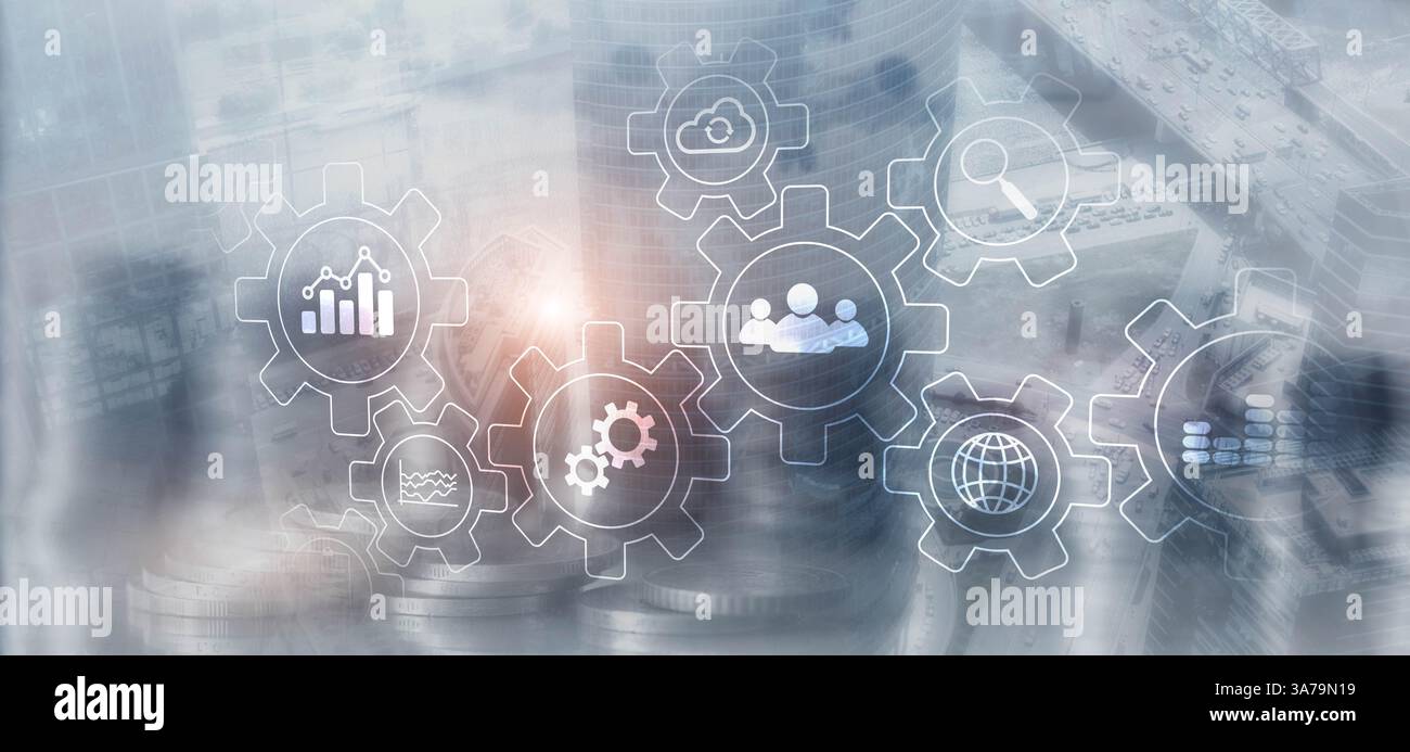 Automation of business. Gears icon on network connection Stock Photo ...