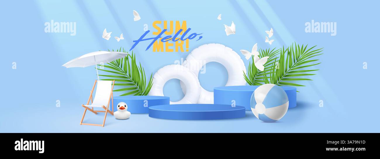 Beach summer scene with blue podium display, white inflatable rings and ...