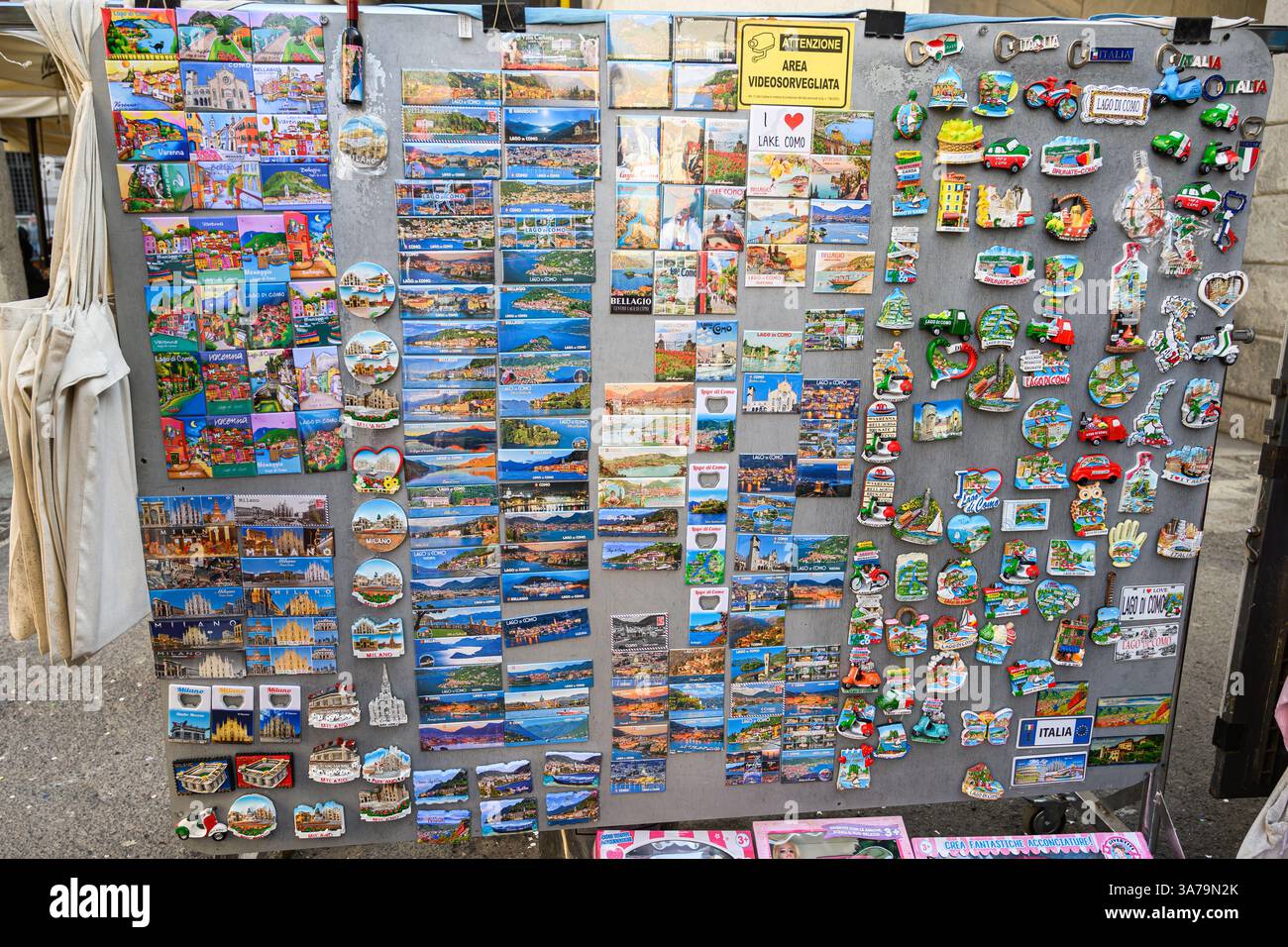 Souvenir magnets on a display board in a shop – Como, Italy – 05 March ...