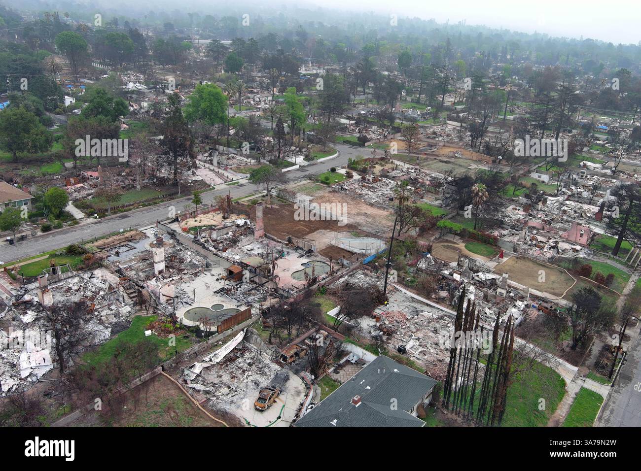 An aerial view of homes burned during the Eaton Canyon fire, Wednesday ...