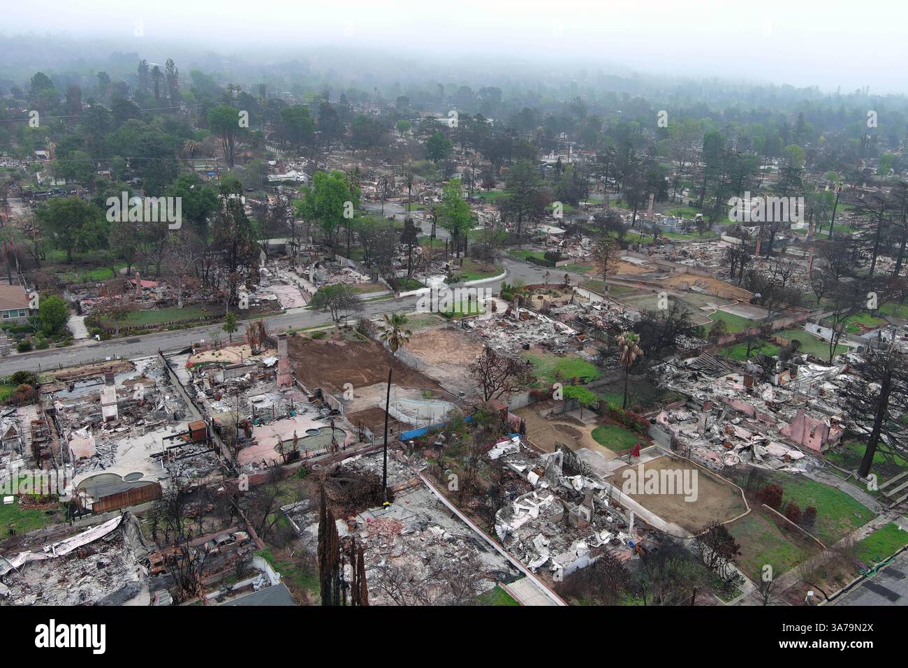 An aerial view of homes burned during the Eaton Canyon fire, Wednesday ...
