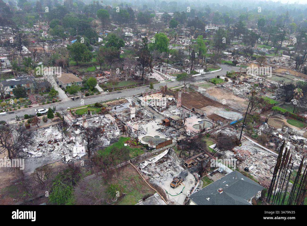 An aerial view of homes burned during the Eaton Canyon fire, Wednesday ...
